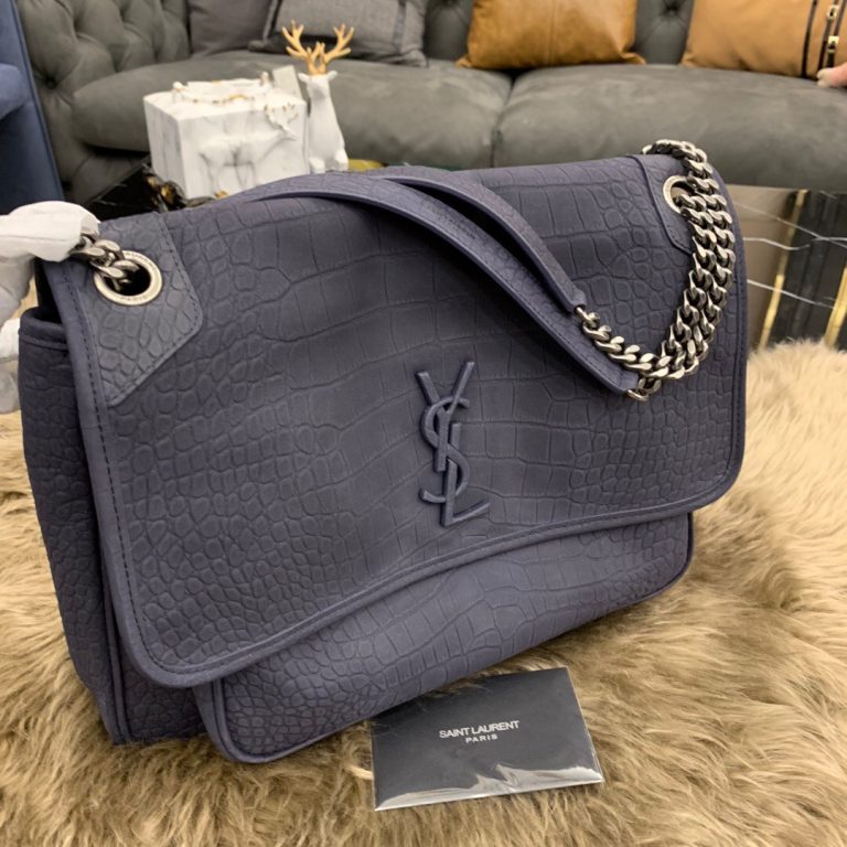 圣罗兰包包 YSL NIKI 大号 小牛皮鳄鱼纹压花 蓝色麂皮链条包-香奈兒包包官方旗艦店 Gucci Fendi Chanel